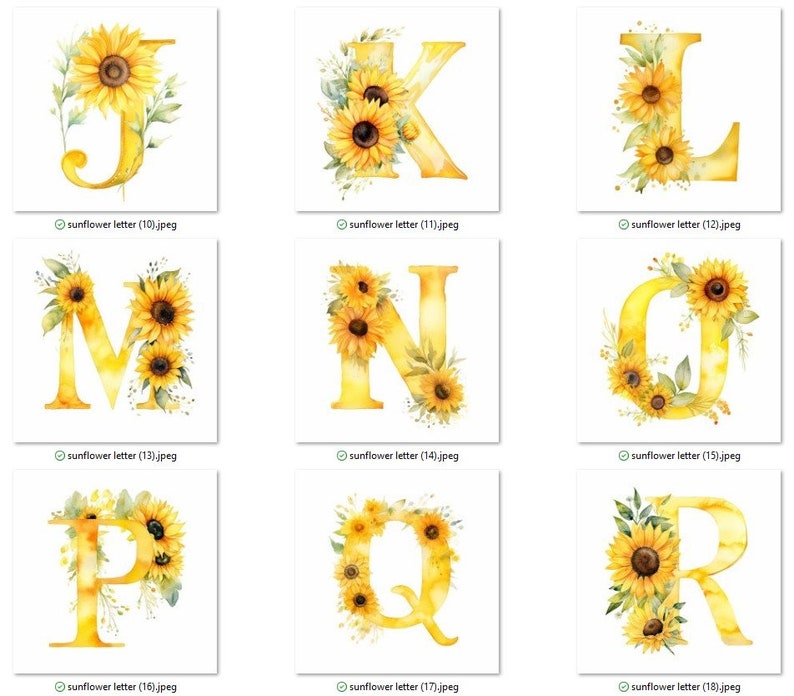 Sunflower Watercolor Alphabet Clipart: Floral Letters, Scrapbooking ...