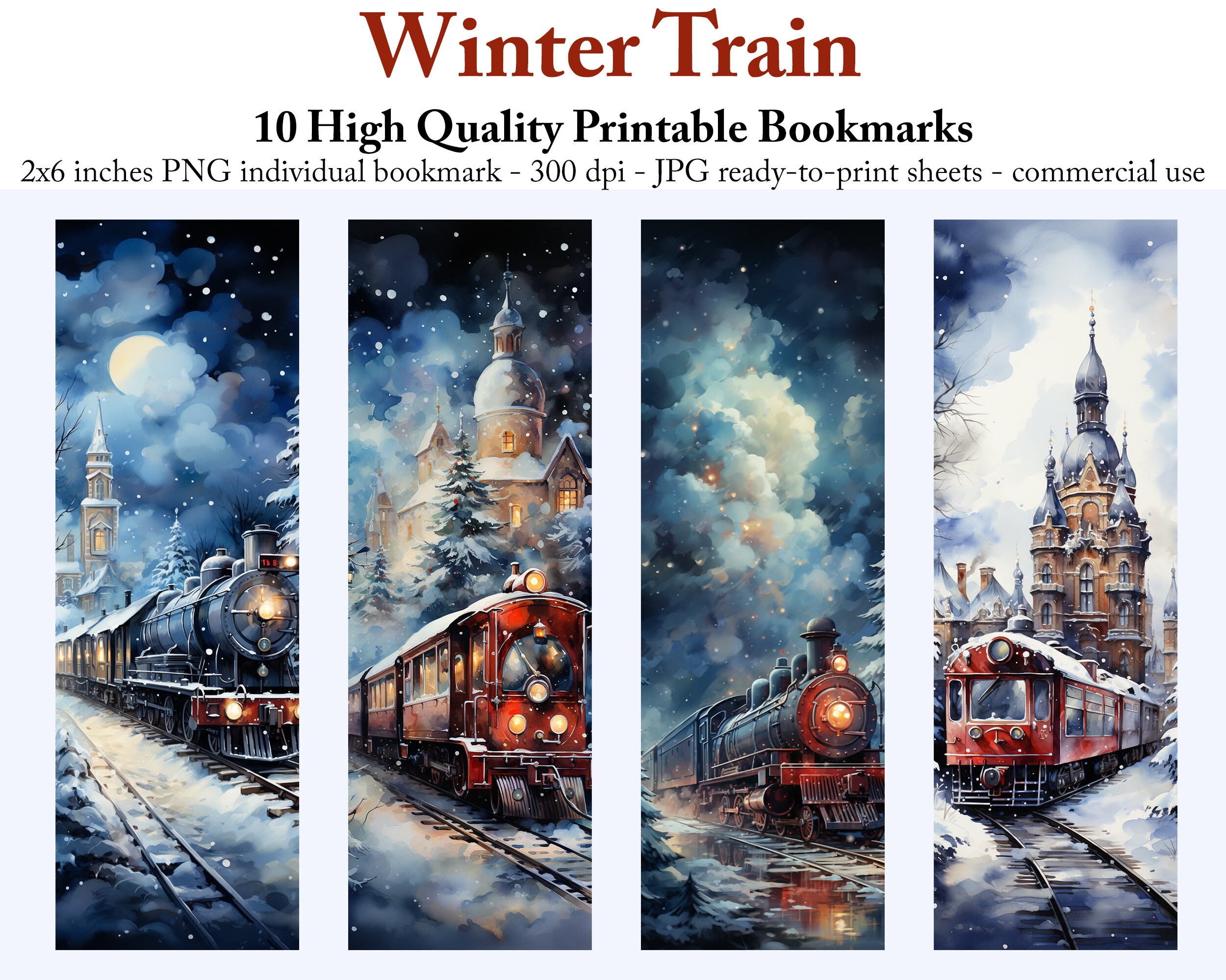 10 Watercolor Winter Train Printable Bookmarks Digital Download JPG ...