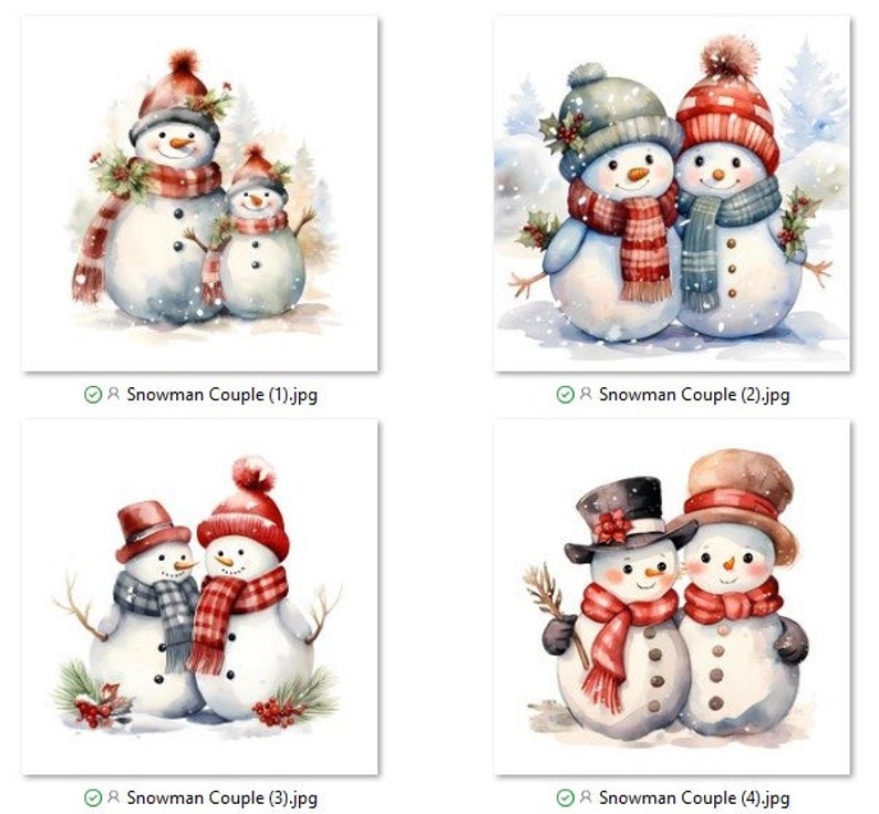 15 Watercolor Snowman Couple Clipart PNG JPG, Digital Download ...