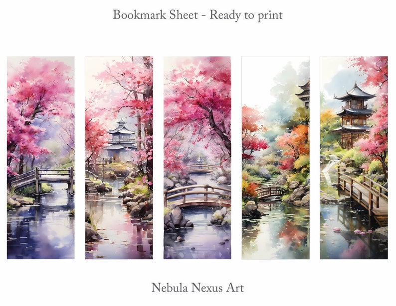 16 Watercolor Japanese Garden Printable Bookmarks Digital Download JPG ...