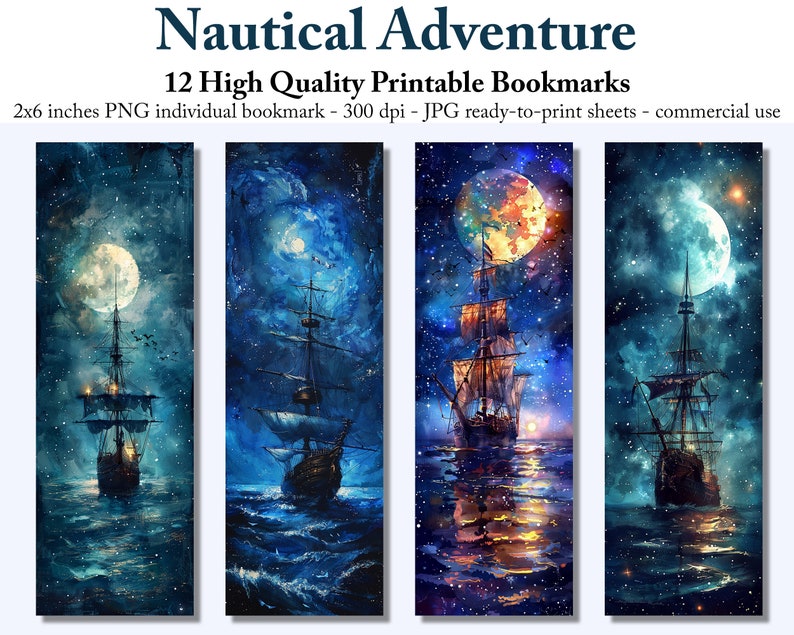 Celestial Nautical Adventure Bookmarks 12 Printable Ship & Moon Night ...