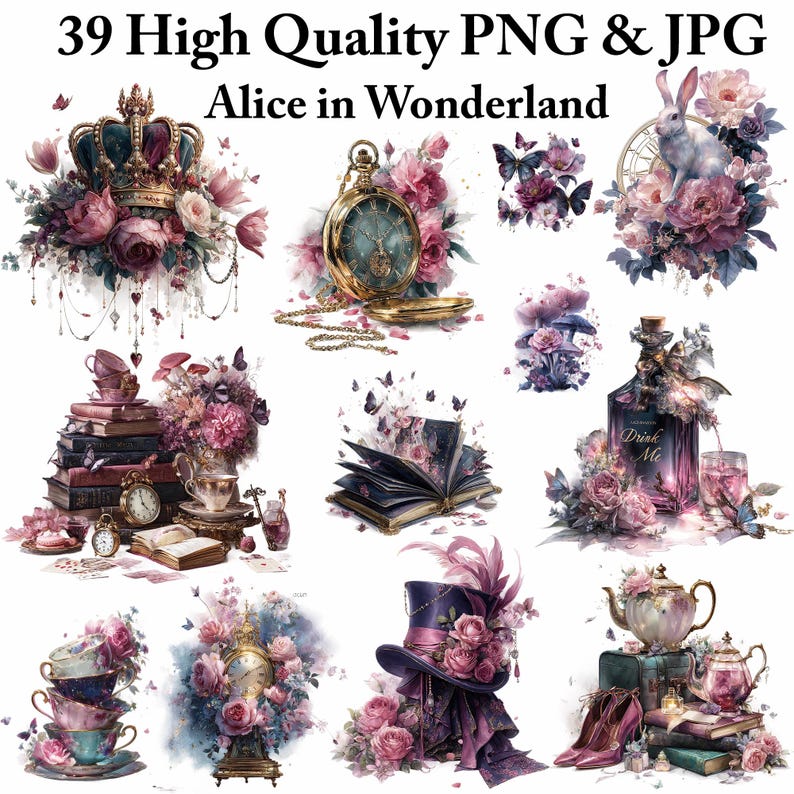 Alice in Wonderland Clipart Bundle: Watercolor Graphics (PNG & JPG ...