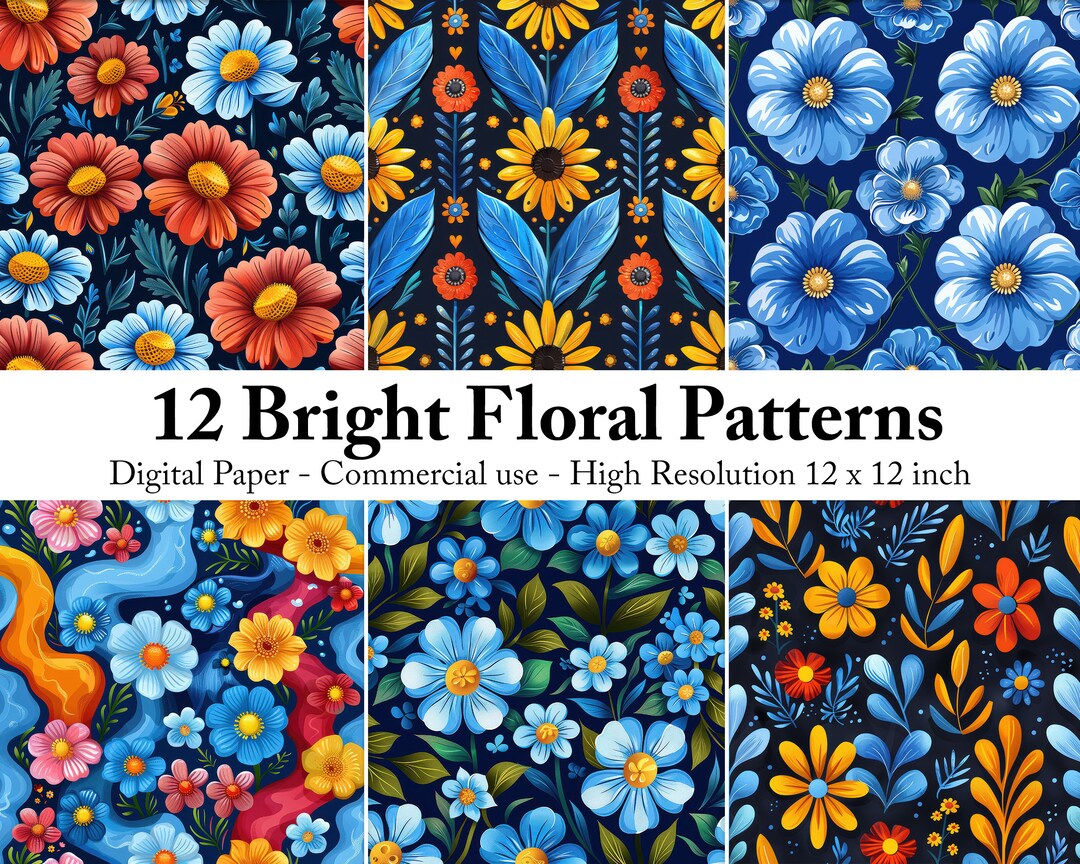 Bright Floral Digital Paper: 12 Seamless Girly Patterns (commercial Use ...