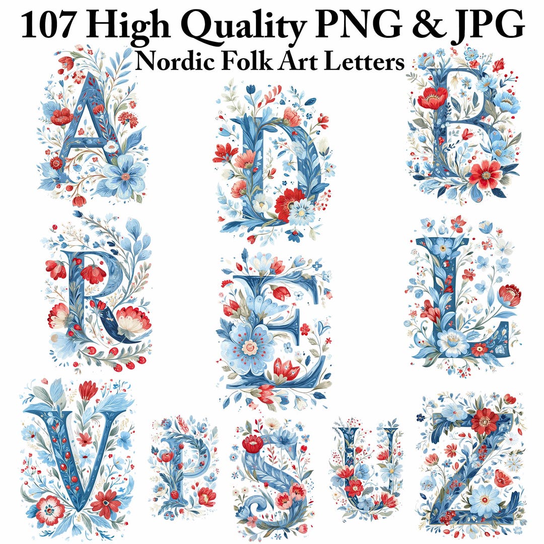 Nordic Folk Art Alphabet Clipart, Decorative Floral Letters ...