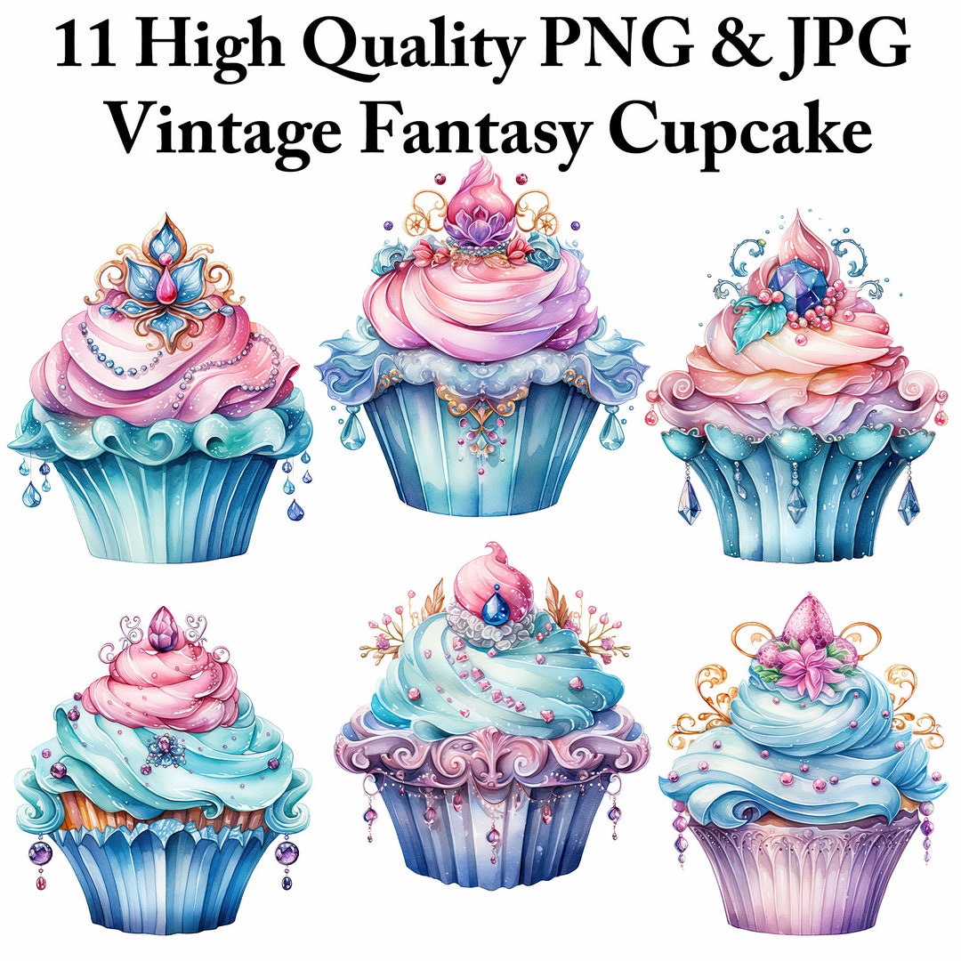 Vintage Fantasy Cupcake Clipart: Whimsical Victorian Dessert PNG Bundle ...