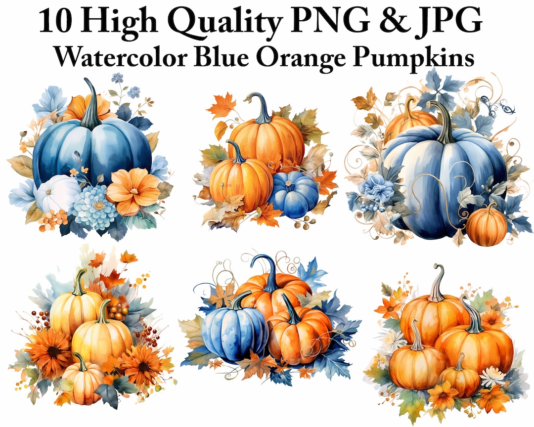Watercolor Blue Orange Pumpkin Clipart Autumn Clip Art Pastel Pumpkins ...