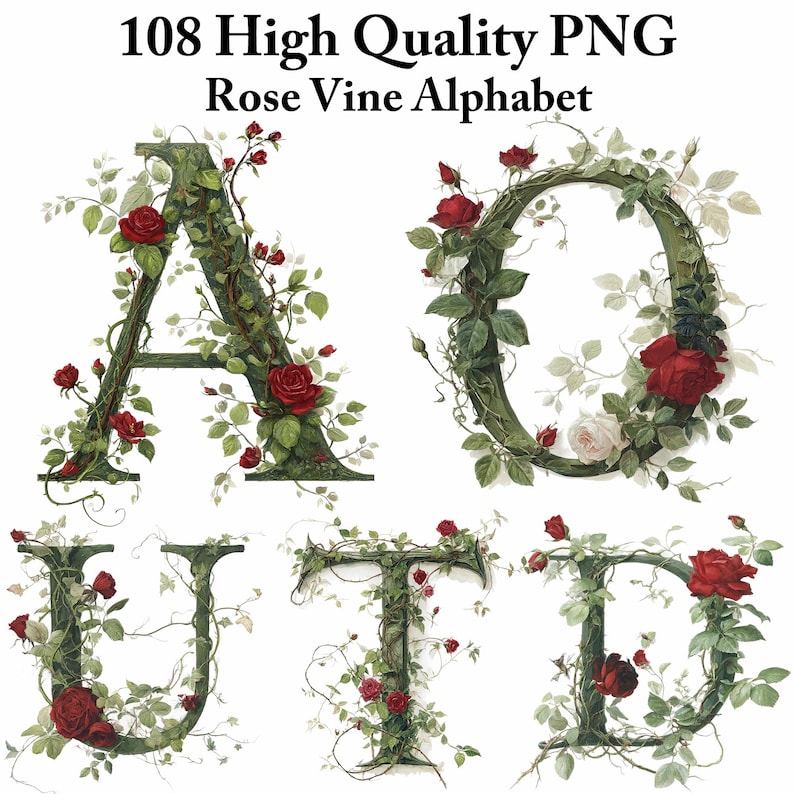 Rose Vine Alphabet Clipart: Vintage Floral Letter Set (PNG Files ...