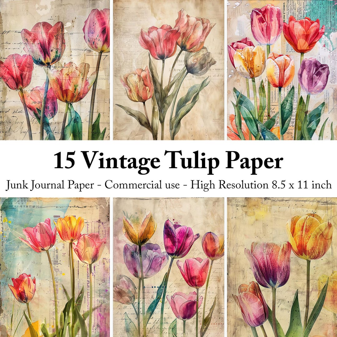 Vintage Tulip Junk Journal Page, Digital Paper Scrapbooking, DIY Card ...