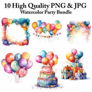Watercolor Party Bundle Clipart PNG, Presend and Balloons Clipart ...