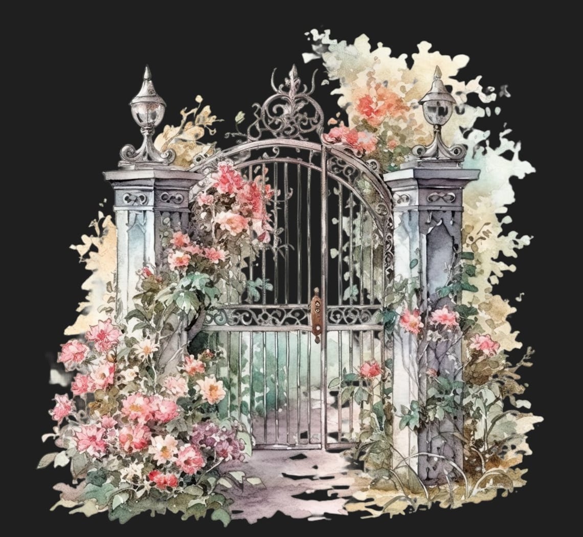 10 Vintage Flower Gate Watercolor Clipart Romantic Garden, Watercolor ...