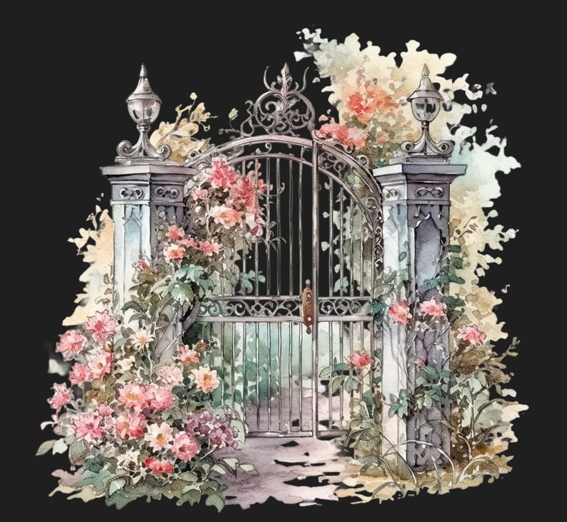 10 Vintage Flower Gate Watercolor Clipart Romantic Garden, Watercolor ...