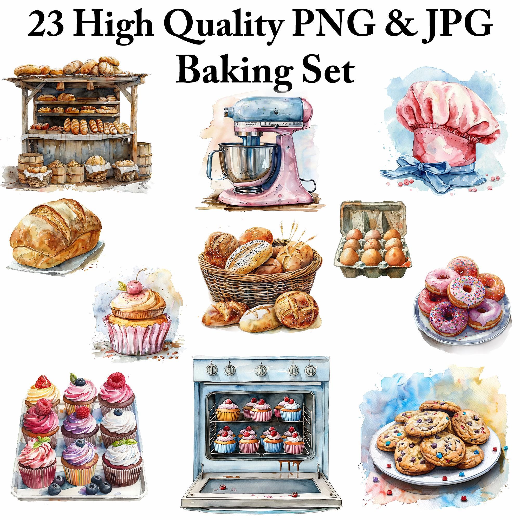 Watercolor Baking Clipart Set: Rustic Kitchen PNG Bundle (digital ...