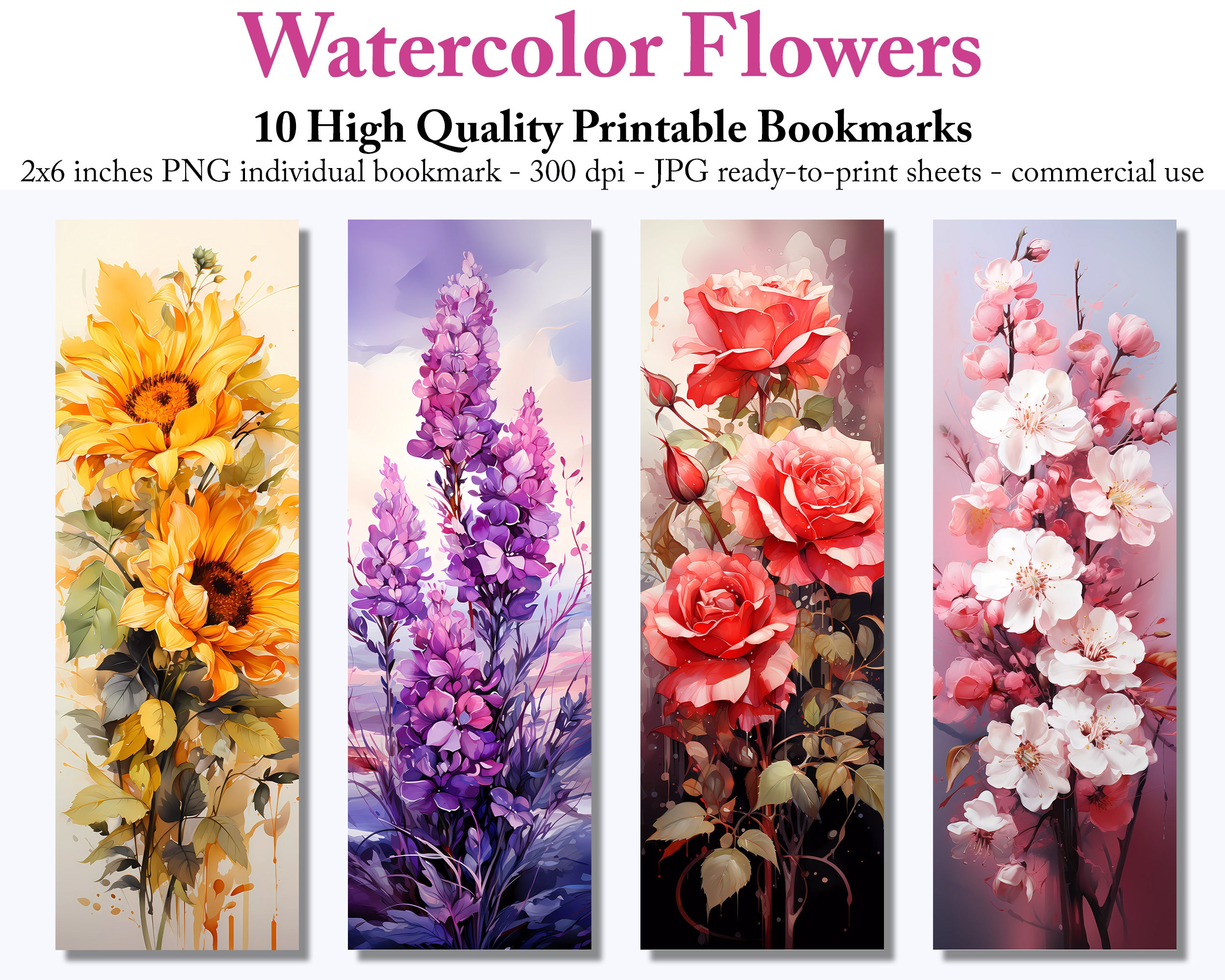 10 Watercolor Flowers Printable Bookmarks Digital Download JPG Bookmark ...