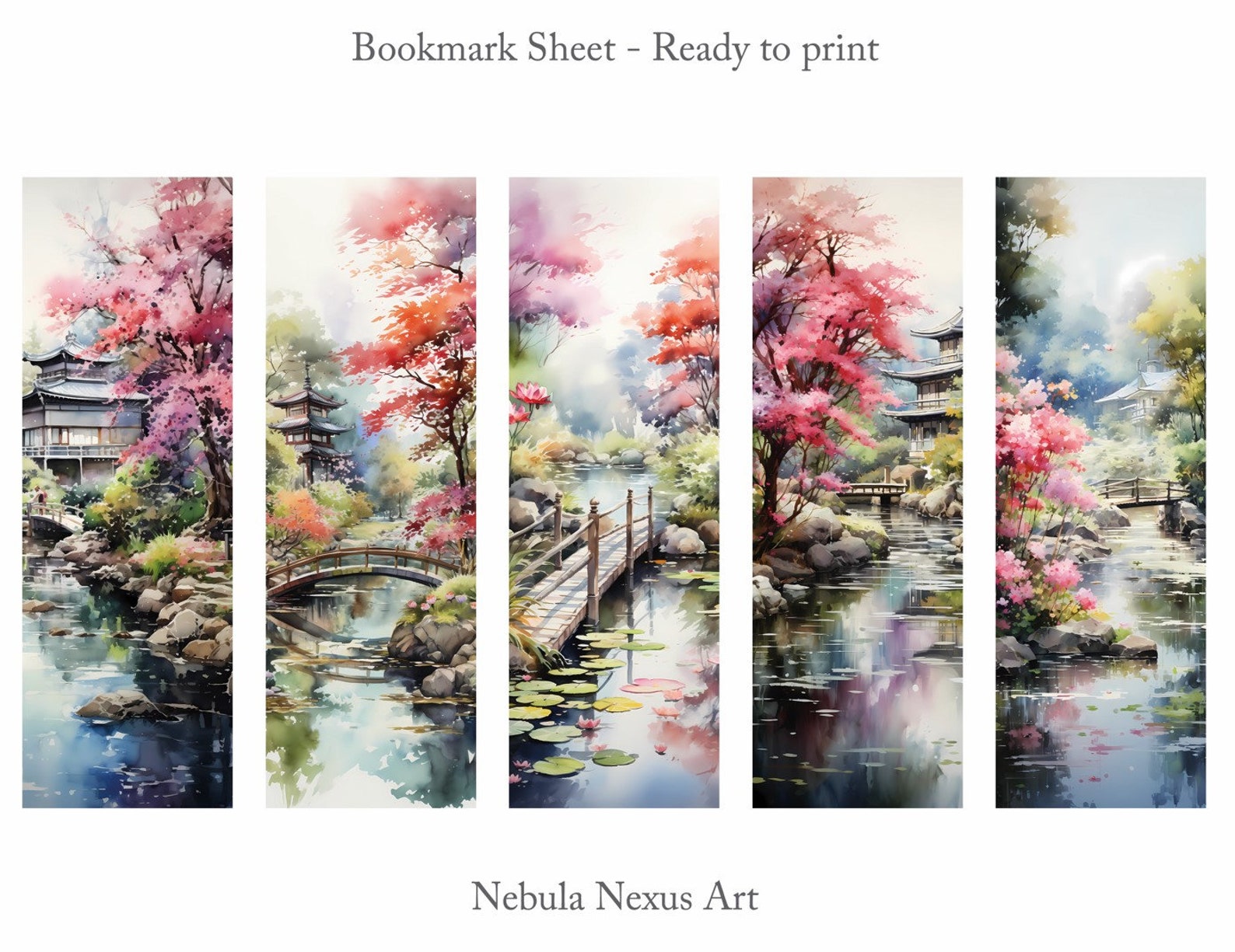 16 Watercolor Japanese Garden Printable Bookmarks Digital Download JPG ...