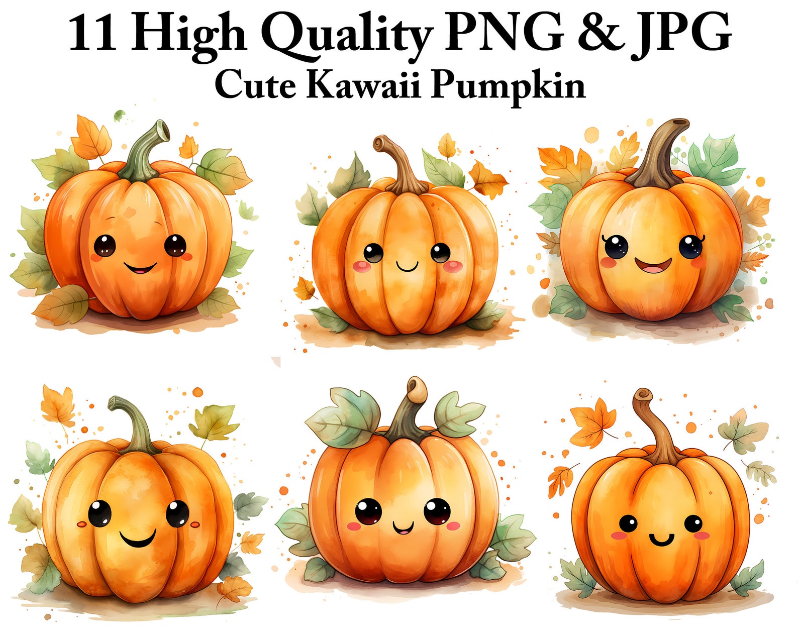 Watercolor Cute Kawaii Pumpkin Clipart Autumn Clip Art Pastel Pumpkins ...
