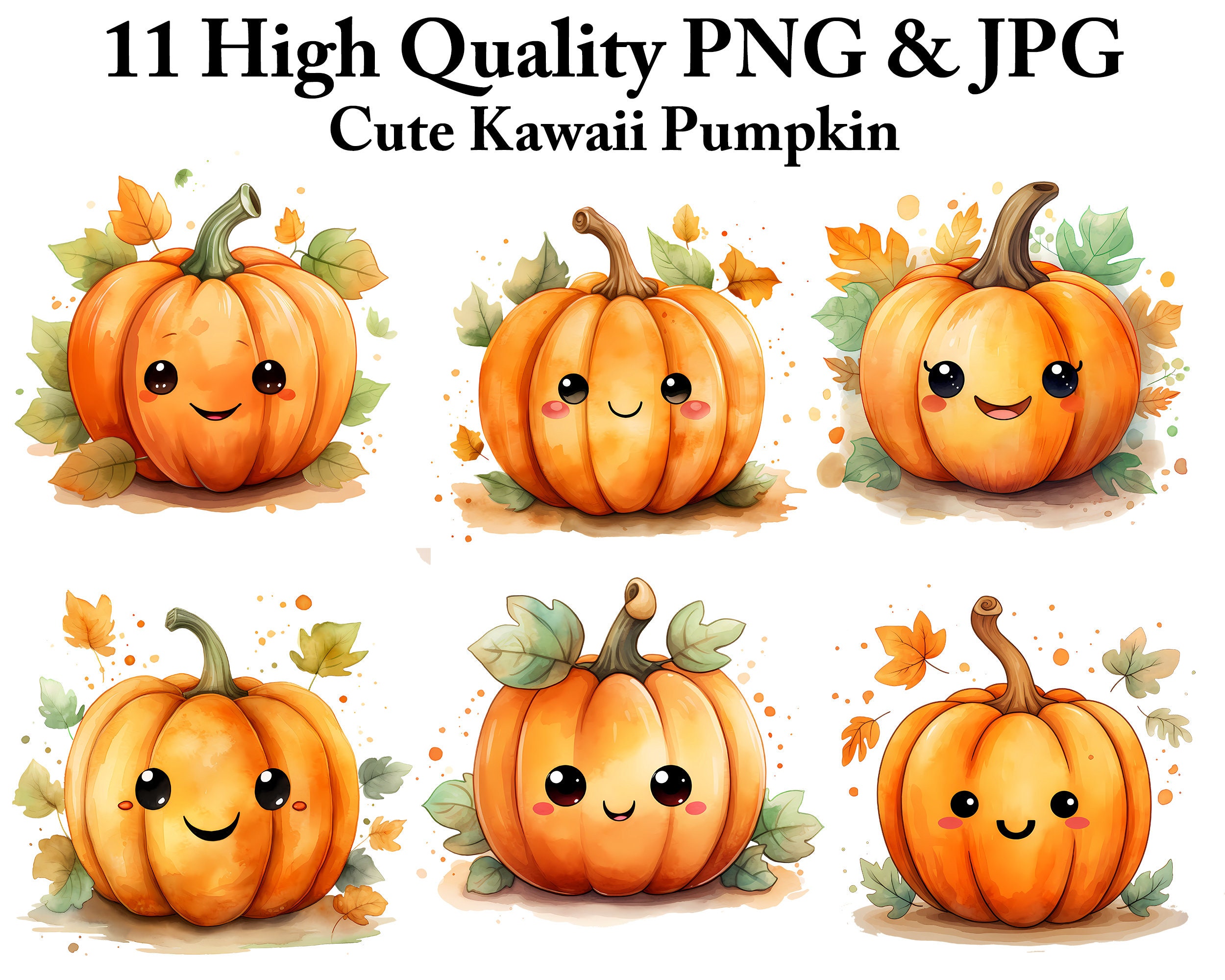 Watercolor Cute Kawaii Pumpkin Clipart Autumn Clip Art Pastel Pumpkins ...