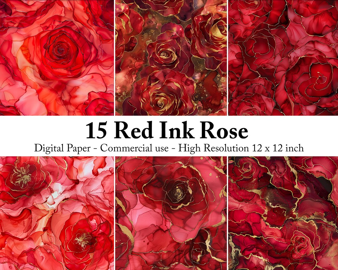 Red Ink Rose Digital Paper Set: Floral Scrapbook Patterns (commercial ...