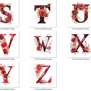 Red Rose Floral Alphabet Clipart: PNG, JPG, Scrapbooking (digital ...