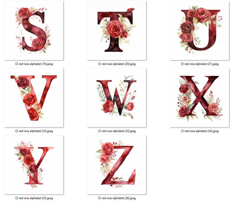 Red Rose Floral Alphabet Clipart: PNG, JPG, Scrapbooking (digital ...
