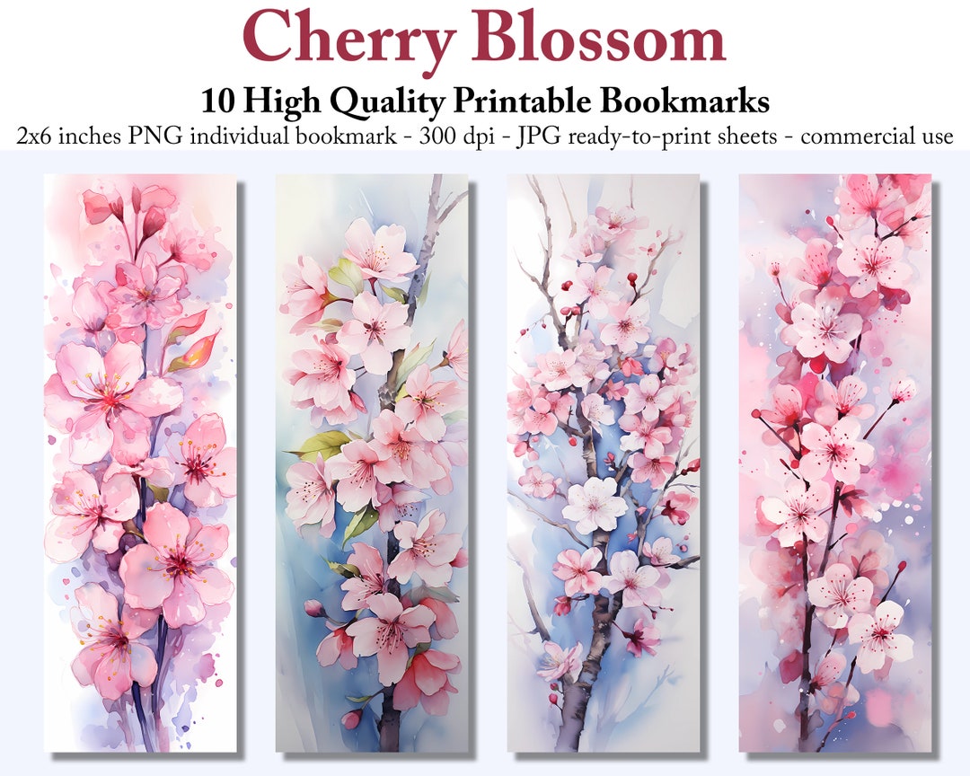 10 Watercolor Cherry Blossom Printable Bookmarks Digital Download JPG ...