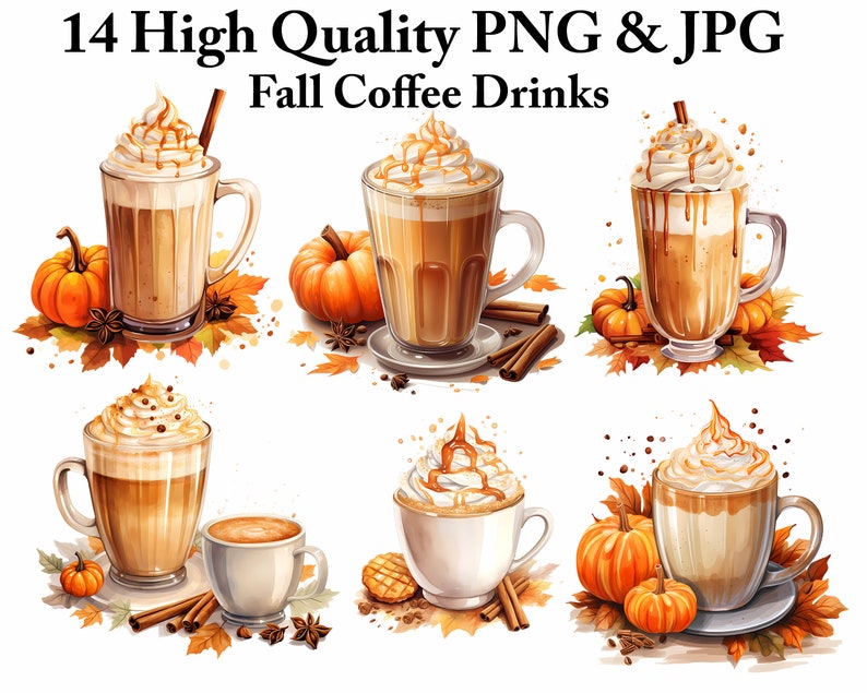 Watercolor Fall Coffee Clipart: Autumn Drinks, Thanksgiving Images (PNG ...