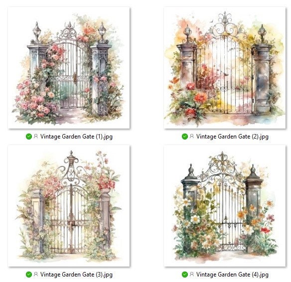 10 Vintage Flower Gate Watercolor Clipart Romantic Garden, Watercolor ...