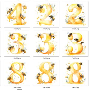 Honey Bee Number Clipart: Watercolor Bumblebee, Honeycomb (digital ...