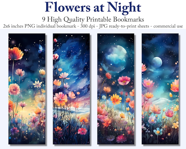 9 Watercolor Flowers Night Printable Bookmarks Digital Download JPG ...