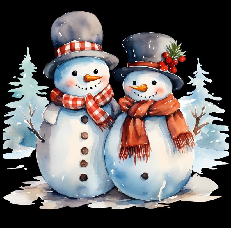15 Watercolor Snowman Couple Clipart PNG JPG, Digital Download ...