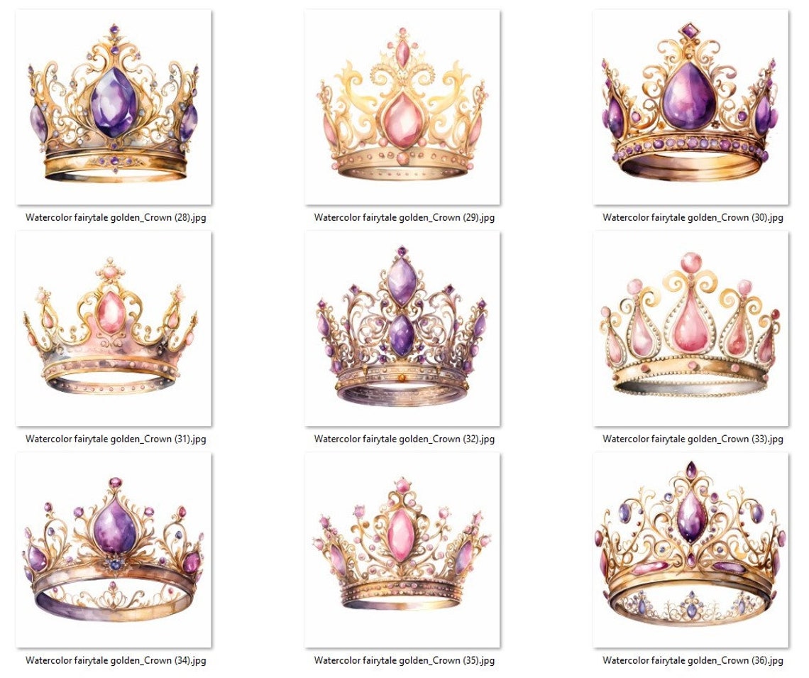 50 High Quality Watercolor Golden Crown JPG, Vintage Princess Clipart ...