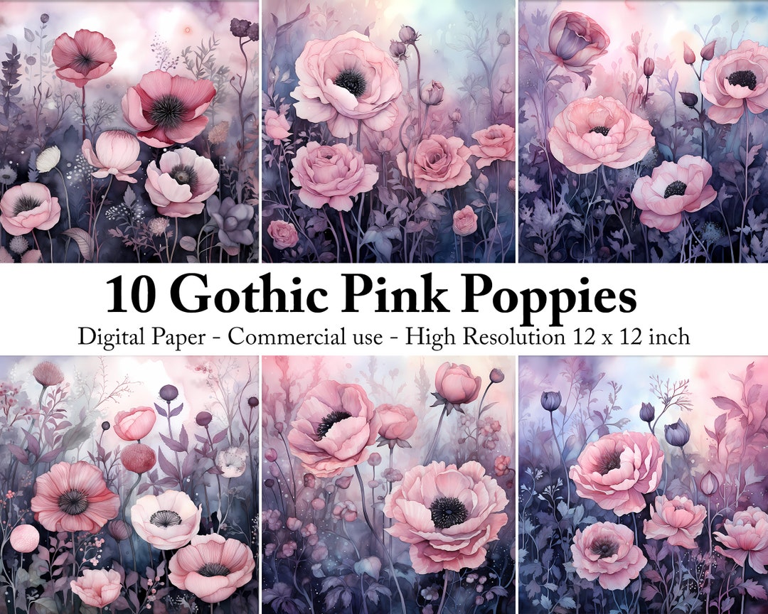 Pink Gothic Poppies Digital Paper: Dark Floral Fantasy (digital ...
