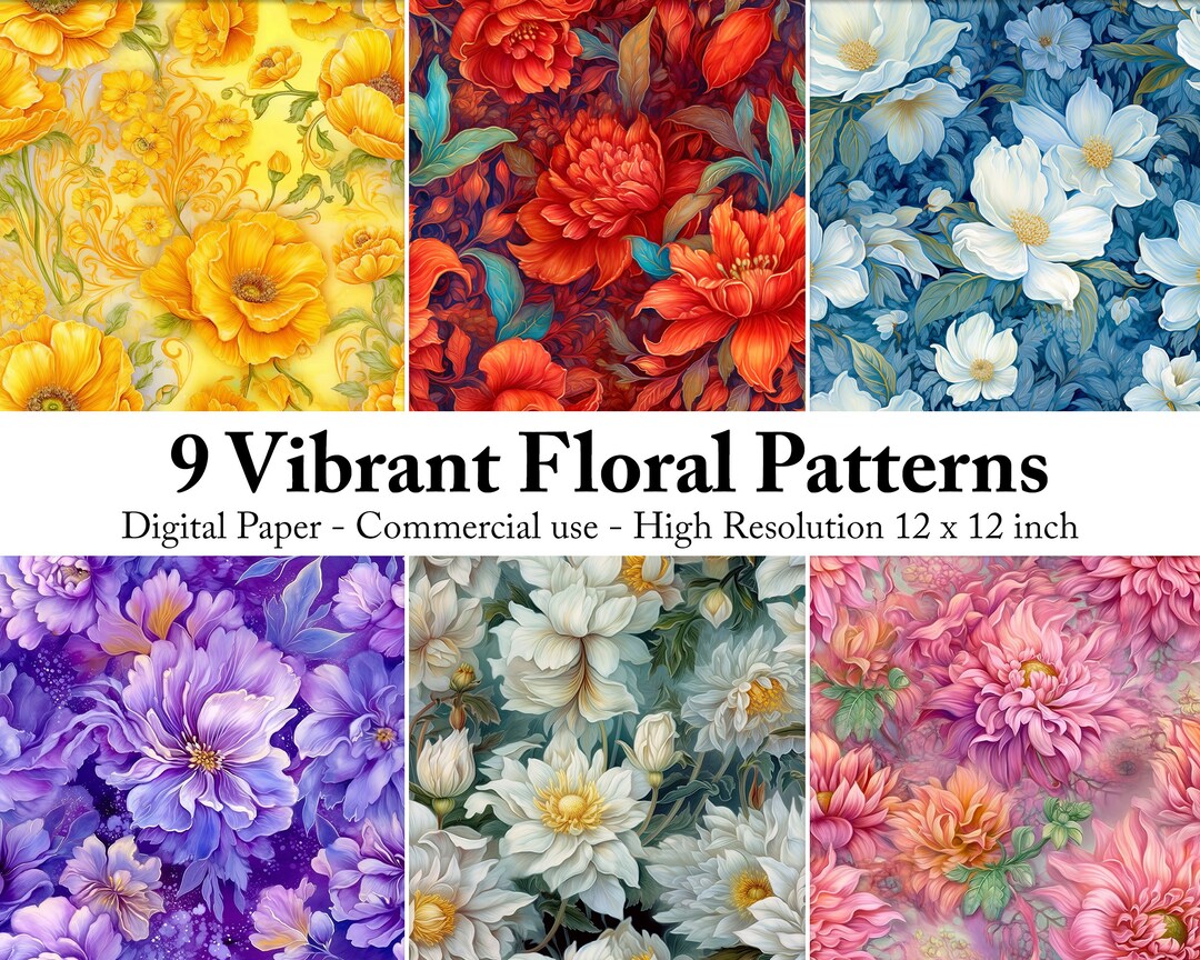 Vibrant Seamless Flower Patterns Digital Paper, Floral Patterns for ...