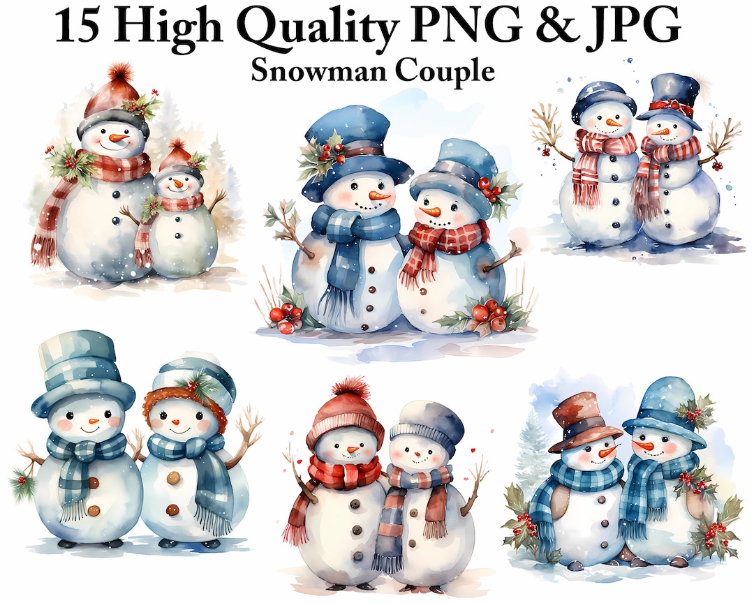 15 Watercolor Snowman Couple Clipart PNG JPG, Digital Download ...