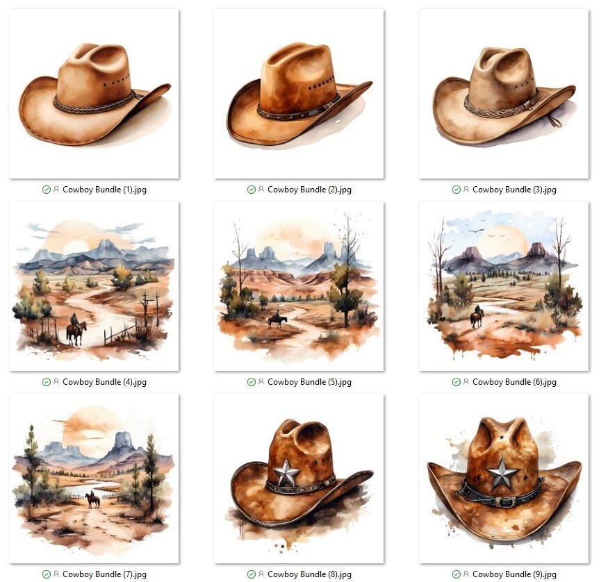 Watercolor Cowboy Clipart Bundle: Western Boots, Hats, and Scenery (PNG ...