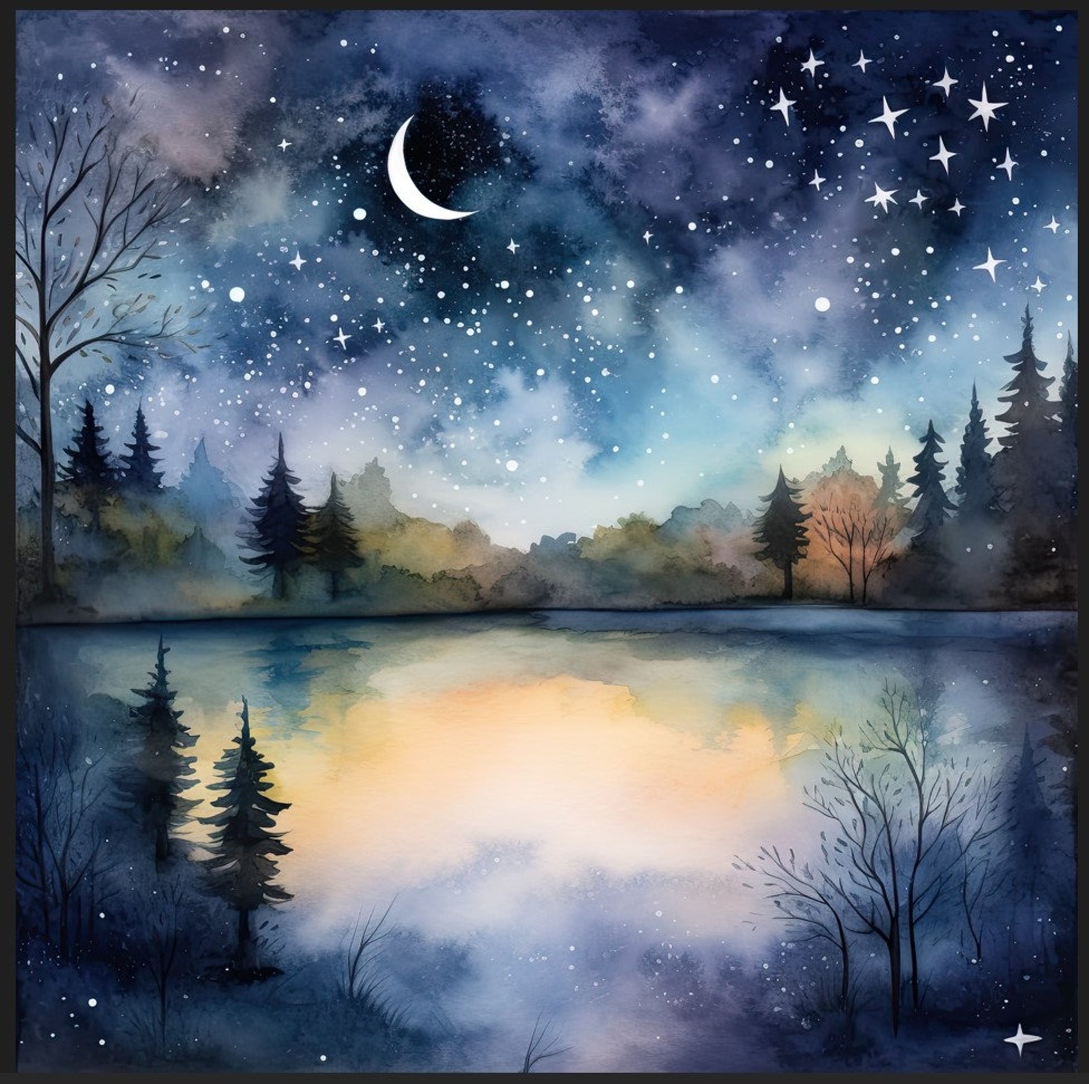 Moonlit Nightscapes Digital Paper: Watercolor Forest Backgrounds ...