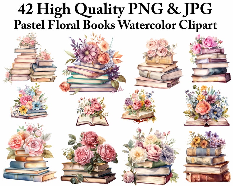 42 PNG Watercolor Floral Books Clipart Book Clip Art Book Bundle PNG ...