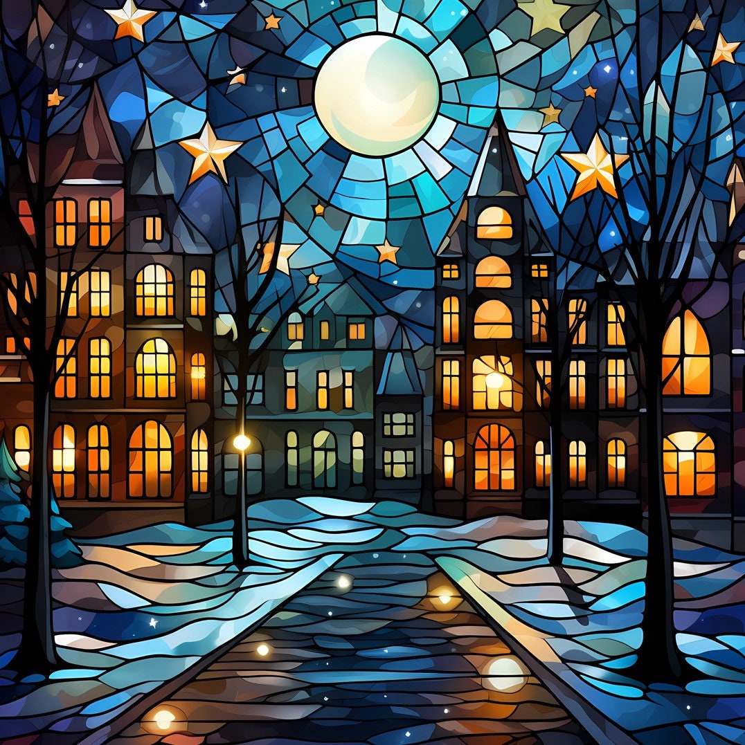 17 Printable Stained Glass Winter Town Digital Paper, Winter Holiday ...