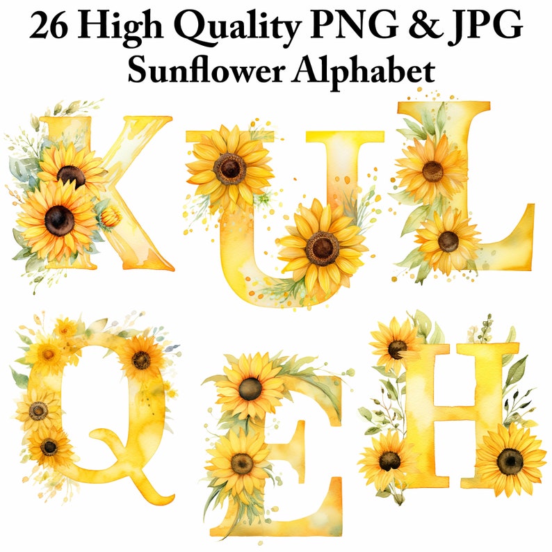 Sunflower Watercolor Alphabet Clipart: Floral Letters, Scrapbooking ...