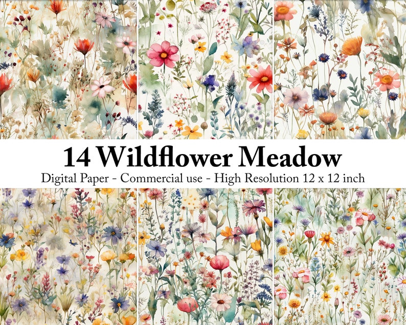 Wildflower Meadow Digital Paper Set Floral Designs, Seamless Floral ...