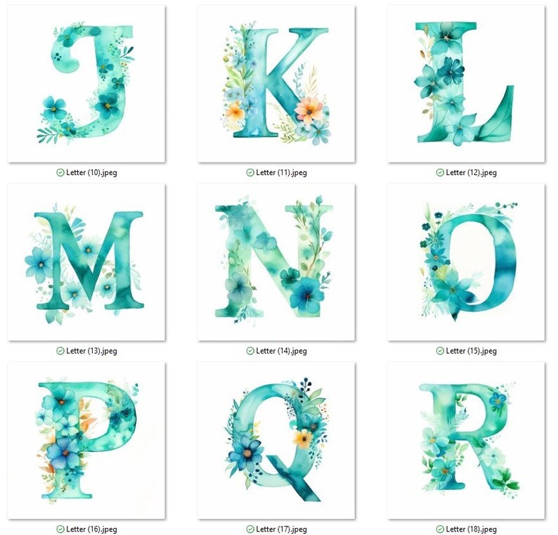 Aqua Floral Alphabet Floral Spring Letters Clipart Set for Sublimation ...