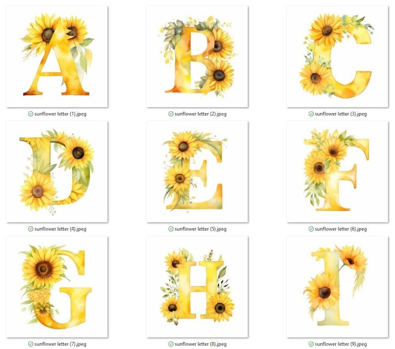 Sunflower Watercolor Alphabet Clipart: Floral Letters, Scrapbooking ...