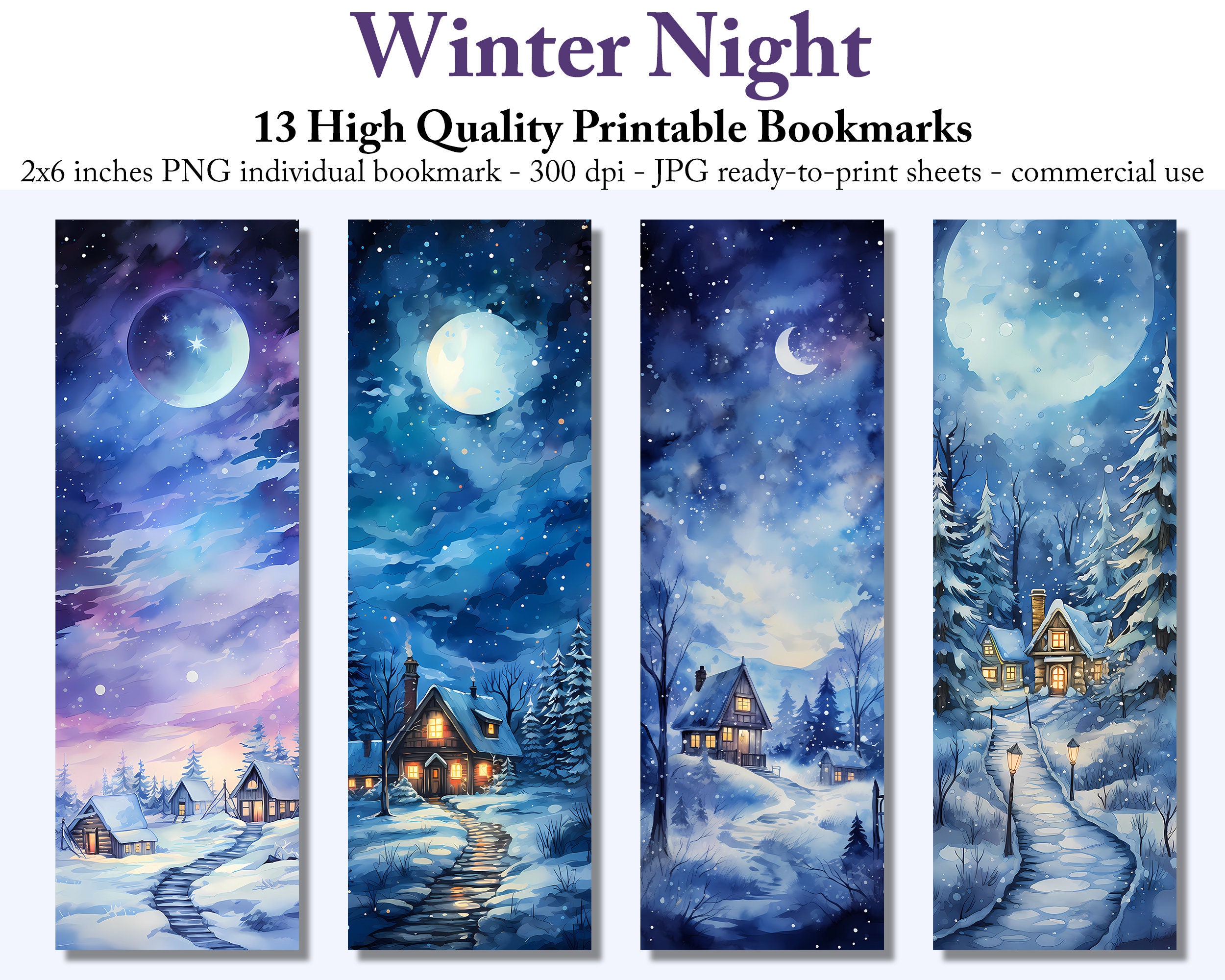 Watercolor Winter Night Bookmarks: Printable 2x6 PNG JPG (digital ...