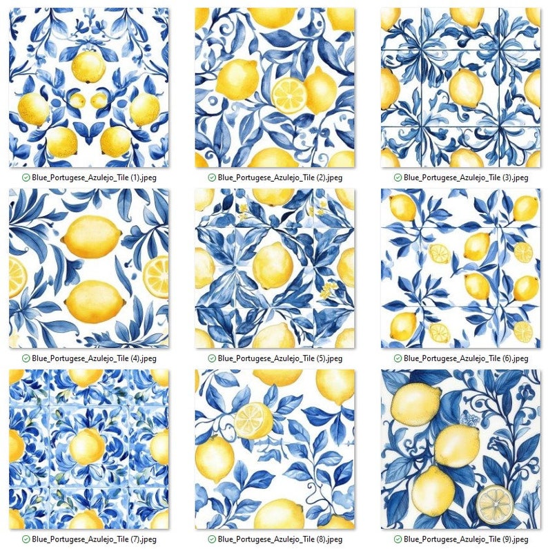 Blue Azulejo Lemon Tile Digital Paper: Mediterranean Watercolor ...