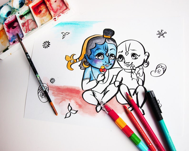 Coloring Page Krishna and Sudama Printable Digital Download - Etsy