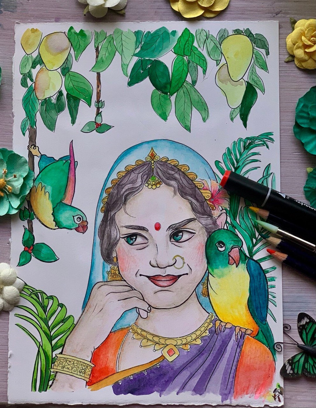 Tulsi Devi With Parrots Coloring Page - Etsy