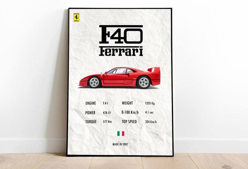 Ferrari F40 Poster for Petrolheads, Digital Red F40 Car Art Poster ...