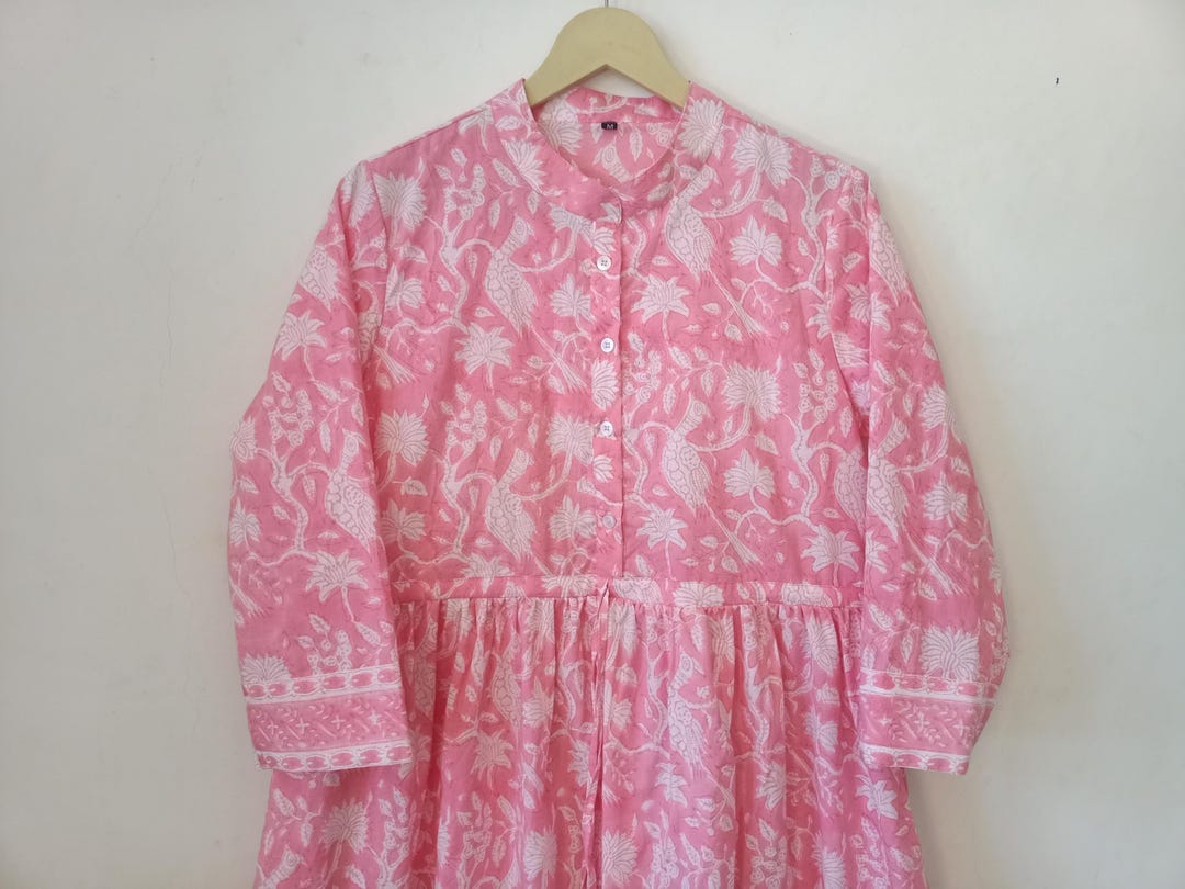 Pink Floral Block Print Cotton Maxi Dress, Boho Flapper Style - Etsy