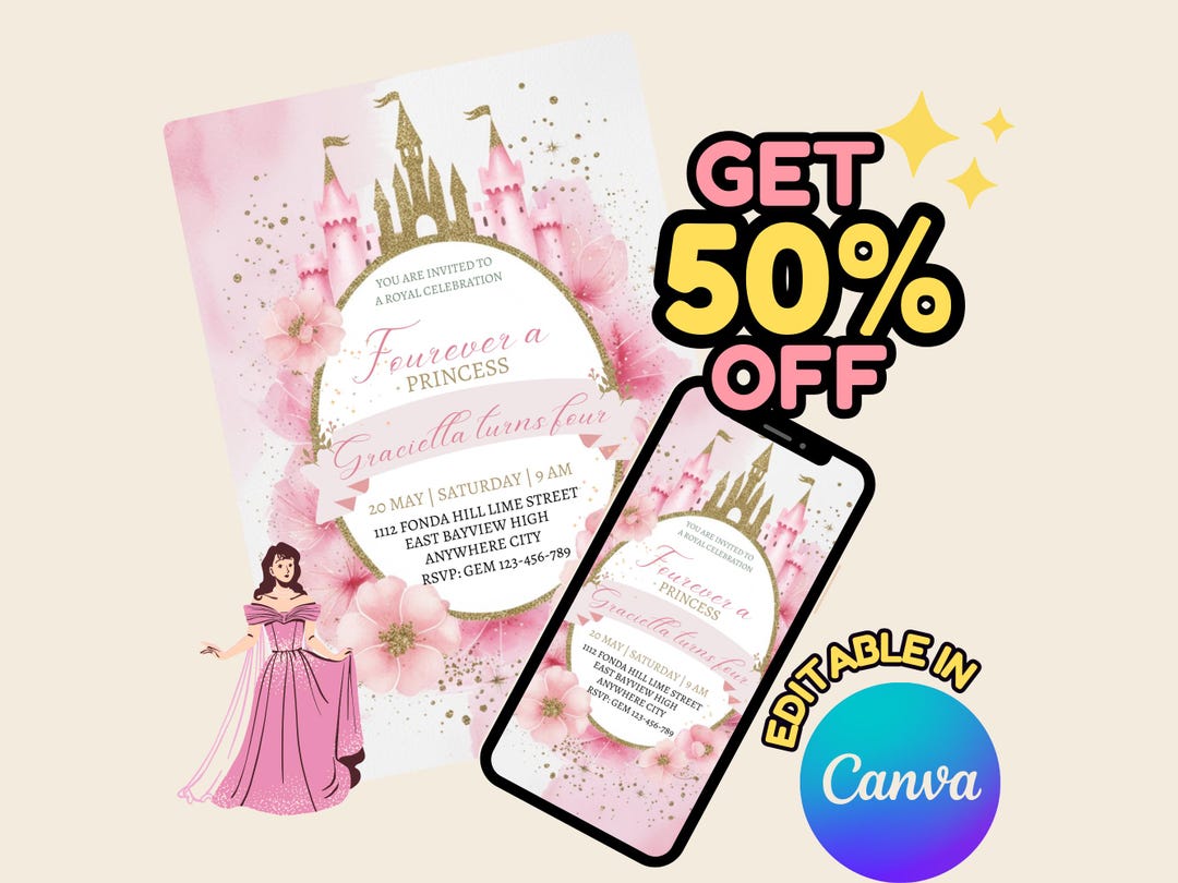Fourever a Princess Birthday Invitation: Pink Floral Castle (digital ...