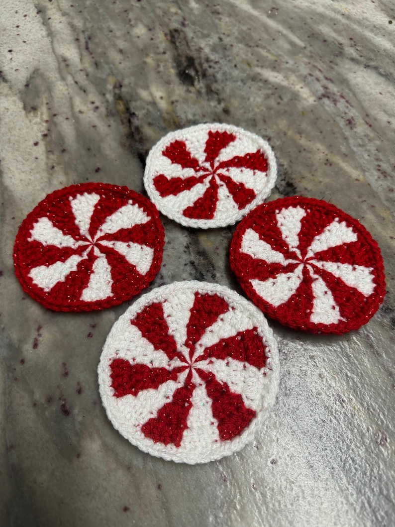Peppermint Sparkly Candy Crochet Coasters | Mug Rugs | Set of 2, 4 & 6 ...