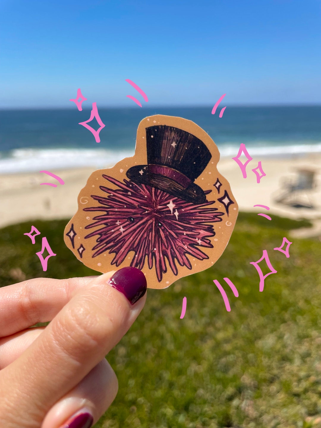 Glossy Sea Urchin With Top Hat Sticker, Hand Drawn, Handmade, Hand Cut ...